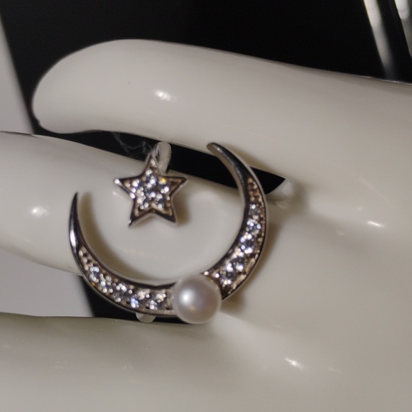 Jewelry | Sterling Silver Moon Star Ring Cz Genuine Pearl Ring Size 65 | Poshmark